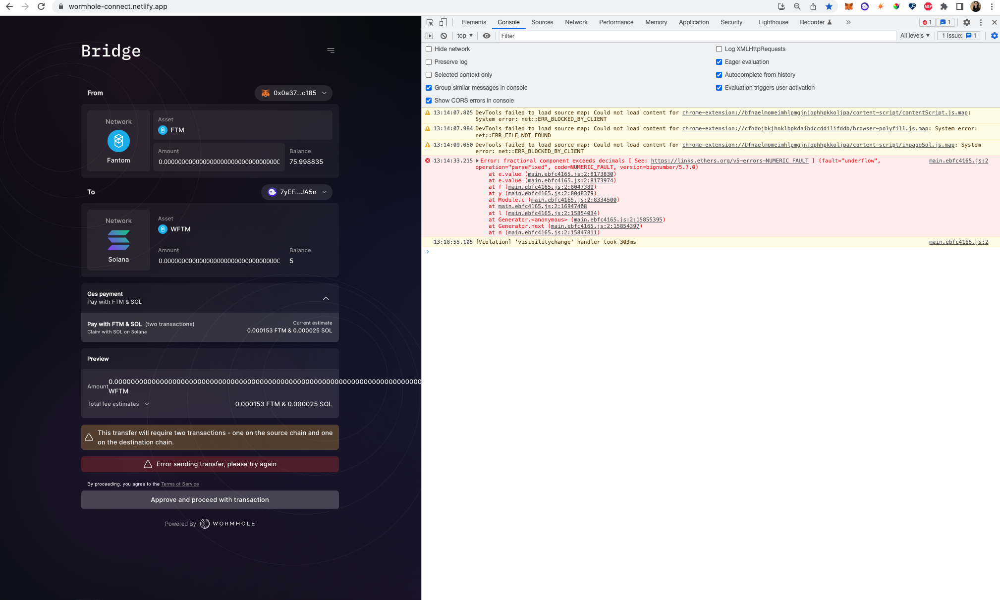[QA] “Error: fractional component exceeds decimals” appears when user sends too small amount ...