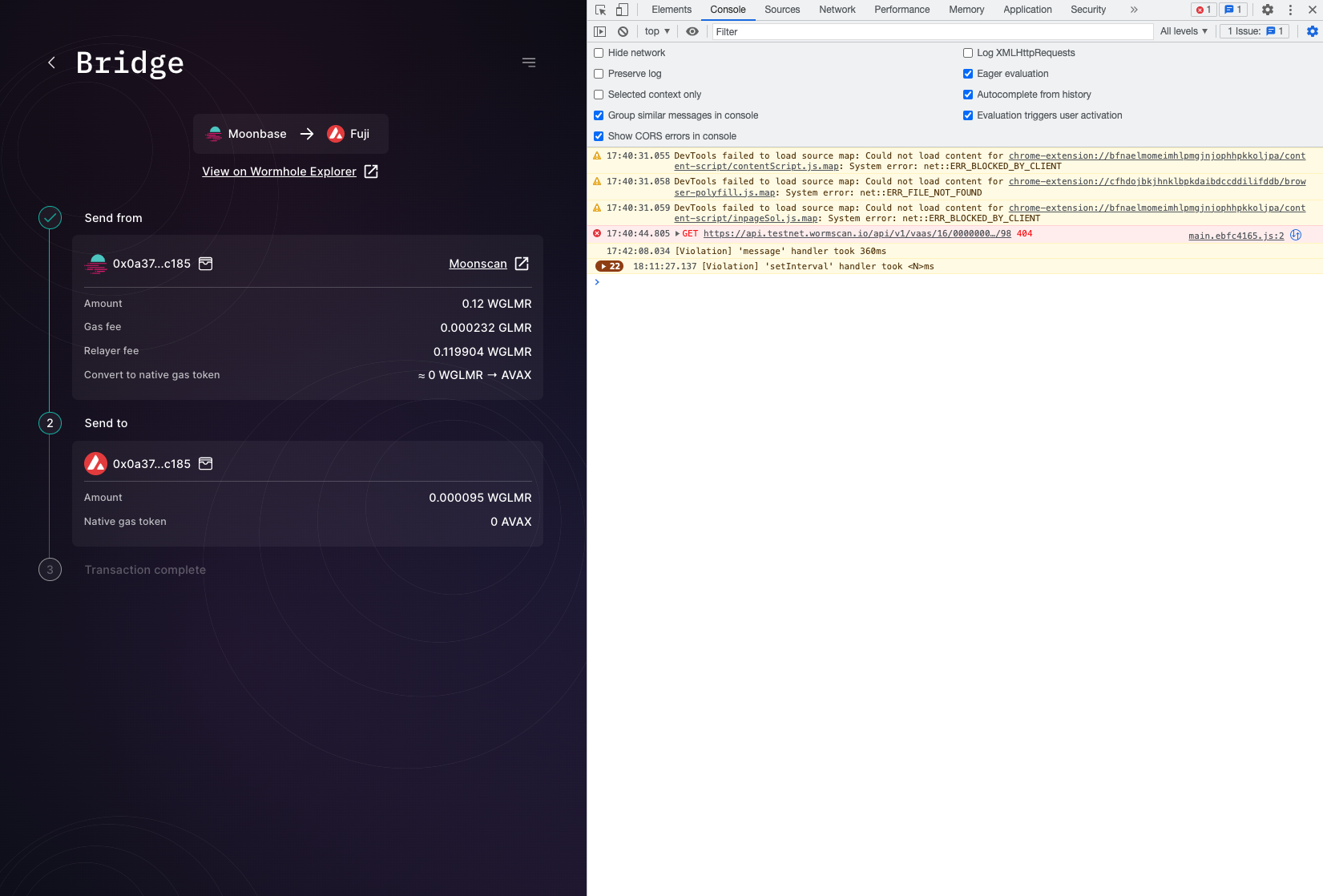 [QA] Step 3 "Transaction complete" did not load in 1h · Issue #403 · wormhole-foundation ...