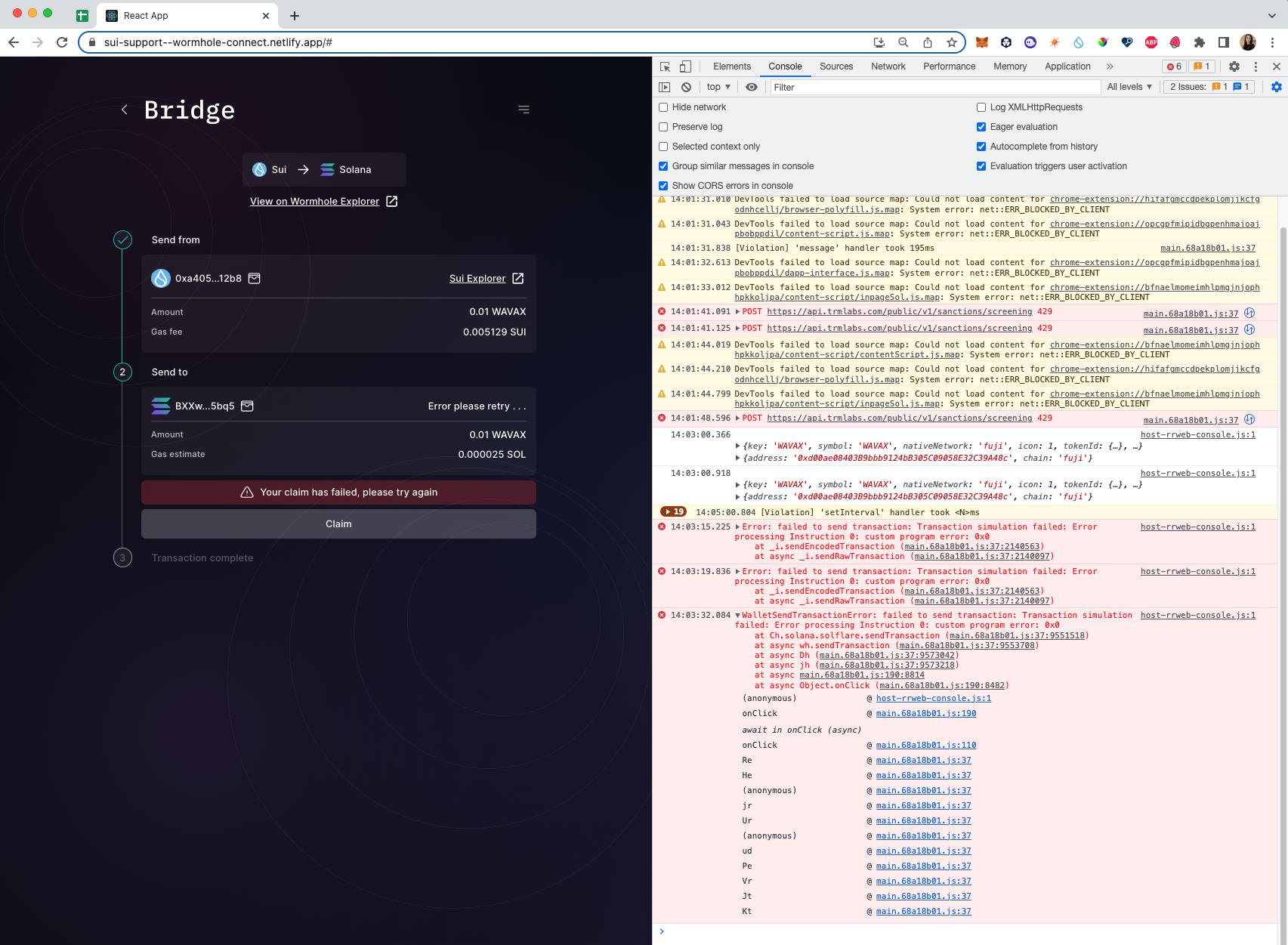 [QA] [Sui] Sometimes “WalletSendTransactionError" appears in Console when user claims the assets ...