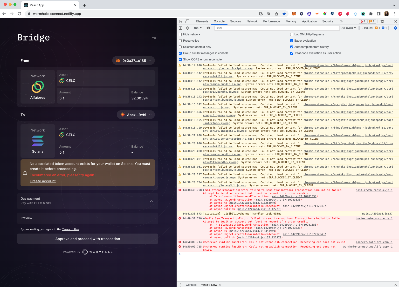 [QA] “WalletSendTransactionError” appears in Console after user clicks on “Create account” link ...