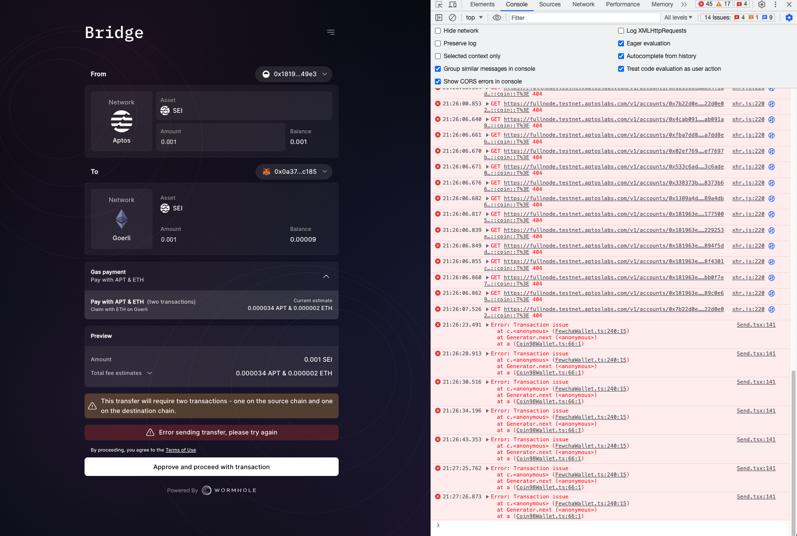 [QA] [Fewcha] “Error: Transaction issue” when sending assets from Aptos · Issue #684 · wormhole ...