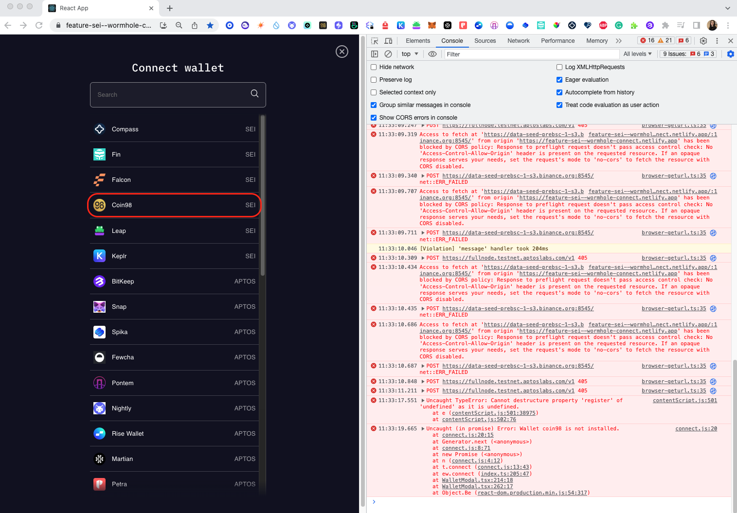[QA] Wallet Coin98 for SUI is un-clickable and incorrect icon is used · Issue #697 · wormhole ...