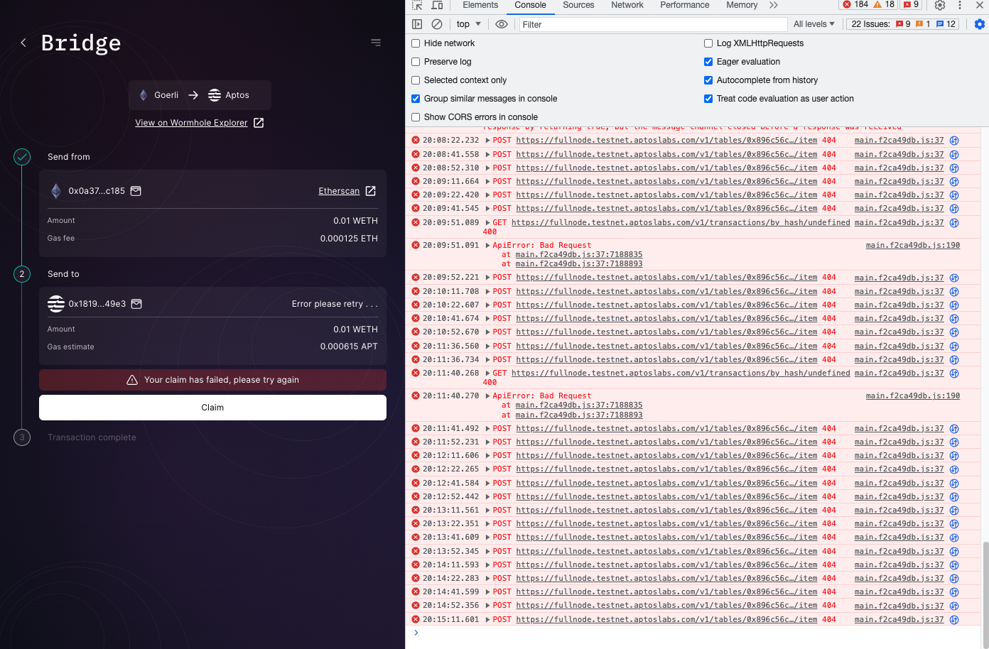 [QA] [Fewcha] “ApiError: Bad Request” when sending assets to Aptos · Issue #686 · wormhole ...