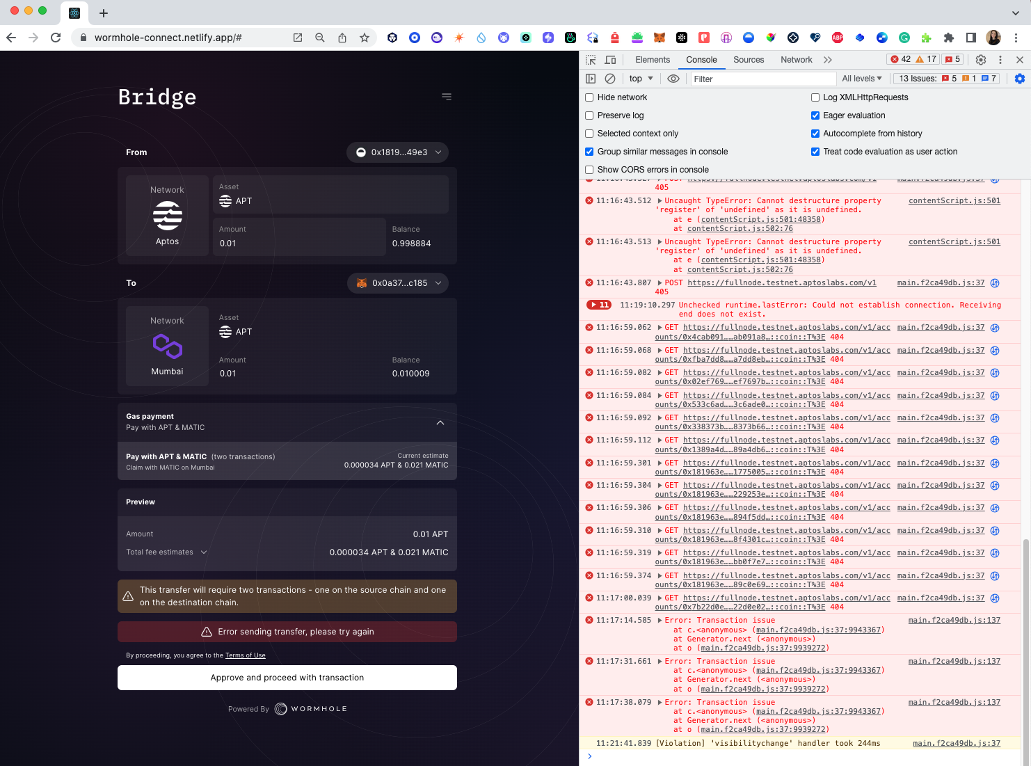 Qa Fewcha “error Transaction Issue” When Sending Assets From Aptos · Issue 684 · Wormhole