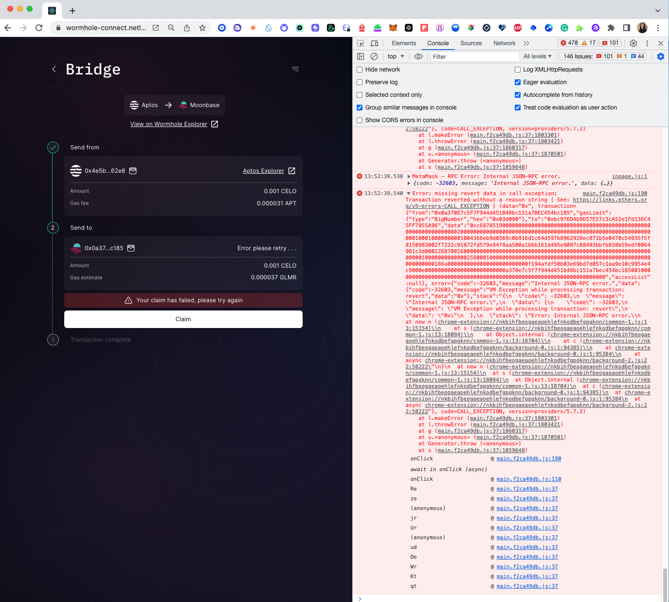 [QA] [Mainnet] User is not able to claim wrapped asset when sending from Aptos · Issue #723 ...
