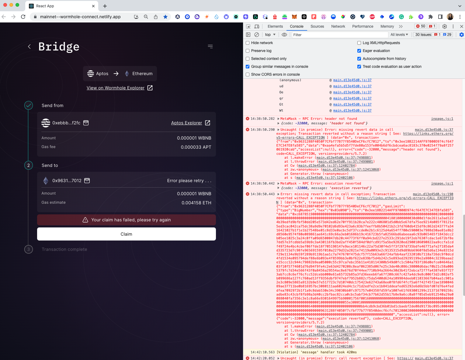 [QA] [Mainnet] User is not able to claim wrapped asset when sending from Aptos · Issue #723 ...