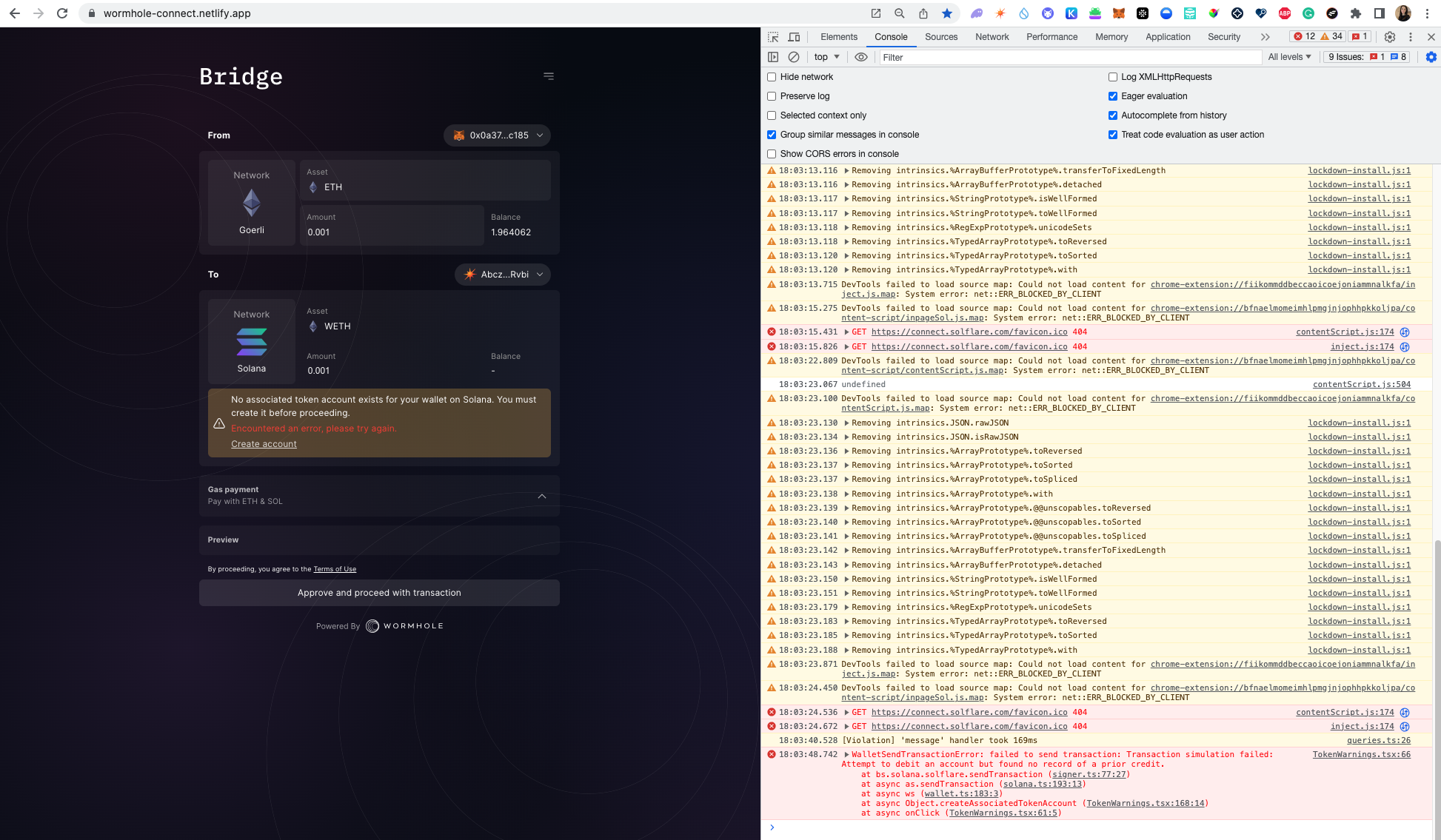 [QA] “WalletSendTransactionError” appears in Console after user clicks on “Create account” link ...