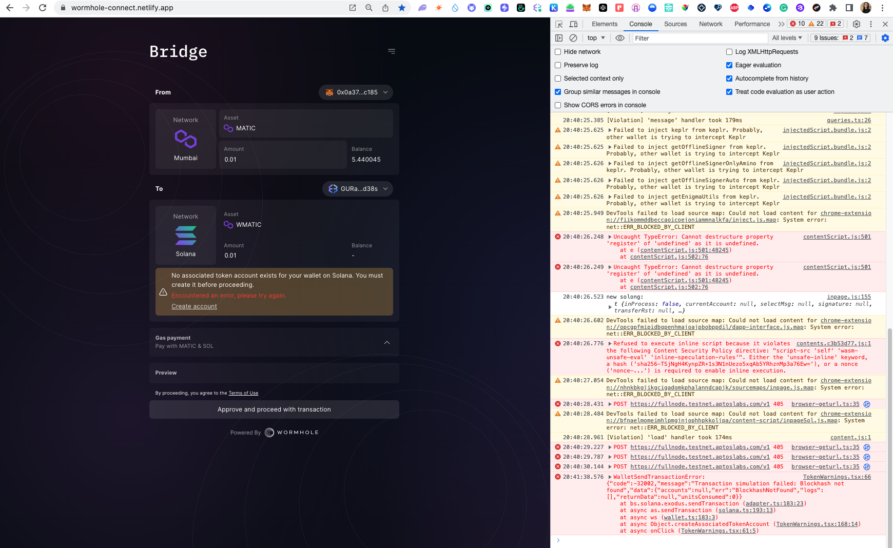 [QA] “WalletSendTransactionError” appears in Console after user clicks on “Create account” link ...
