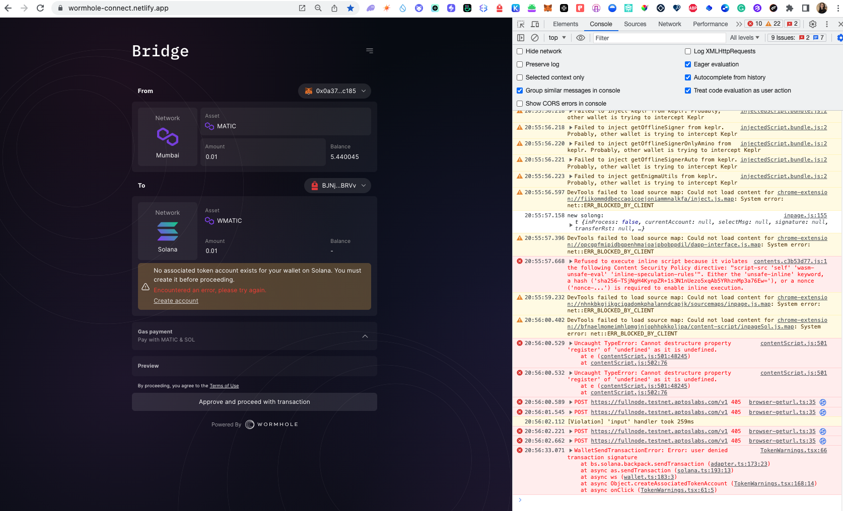 [QA] “WalletSendTransactionError” appears in Console after user clicks on “Create account” link ...