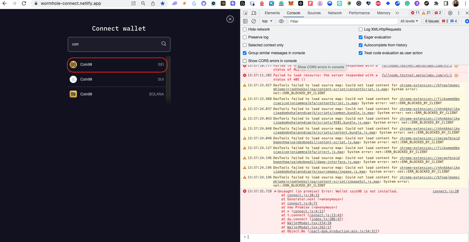 [QA] Wallet Coin98 for SUI is un-clickable and incorrect icon is used · Issue #697 · wormhole ...