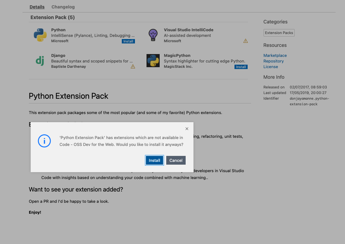Inform users when some extensions from an extension pack cannot be ...