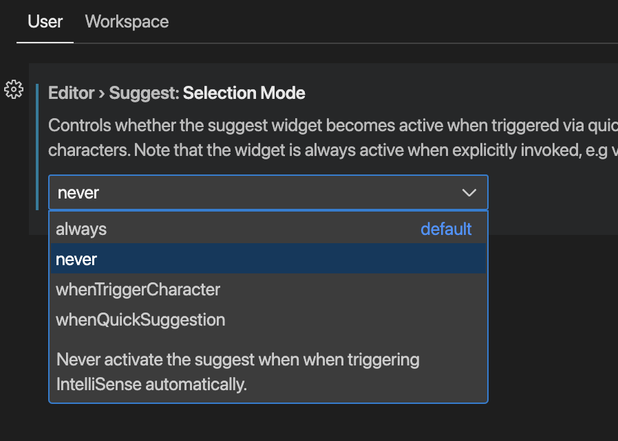 `never` option description has two times when · Issue #172211 · microsoft/vscode · GitHub