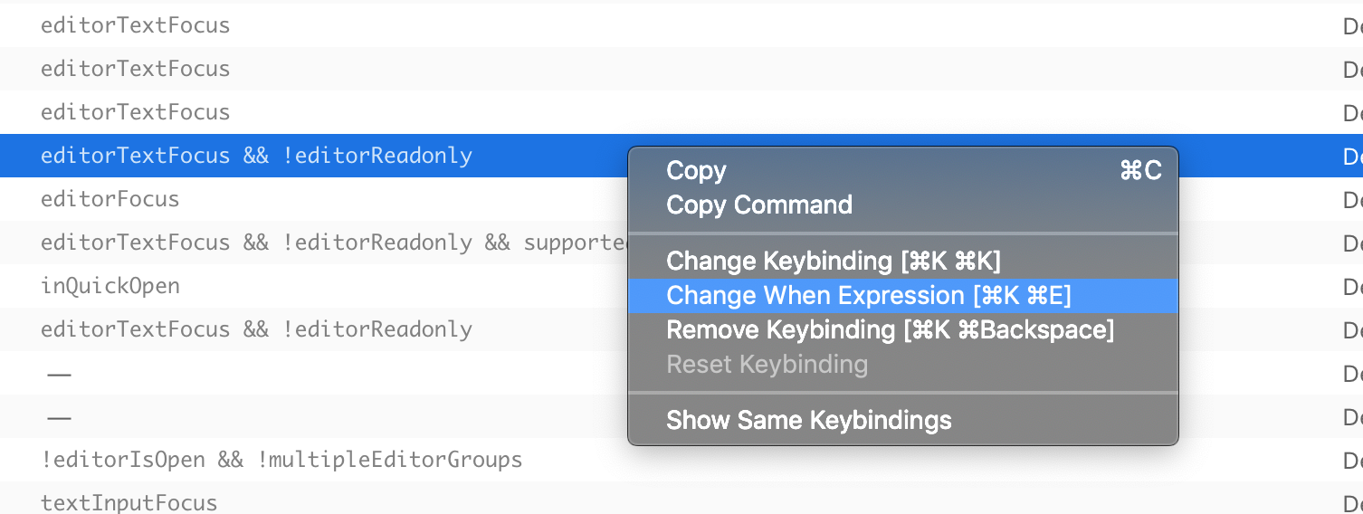 Ability to edit when expression from keybindings editor · Issue #68371 · microsoft/vscode · GitHub