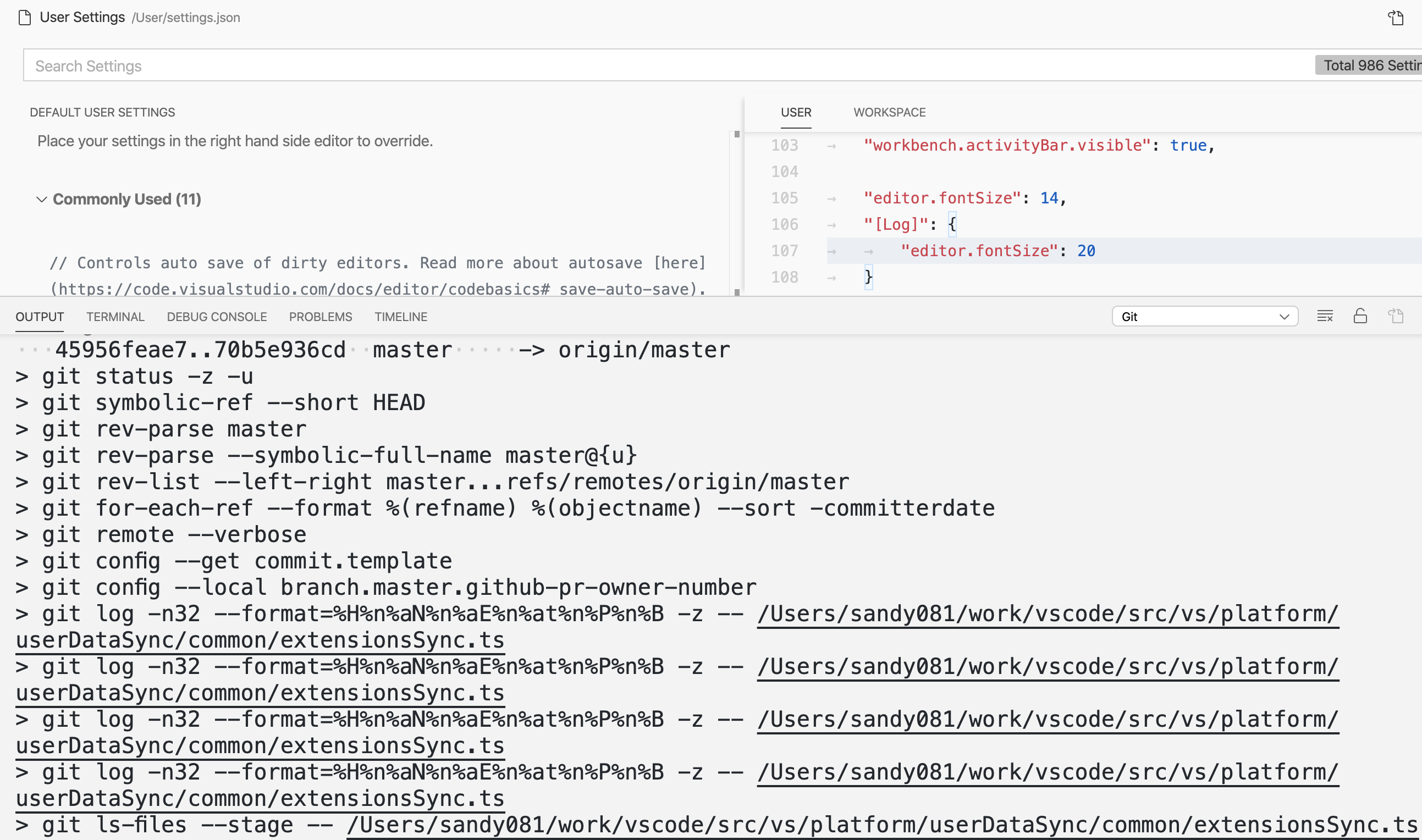 "[Log]": {"editor.fontSize": 12} can't change fontsize in output log ...