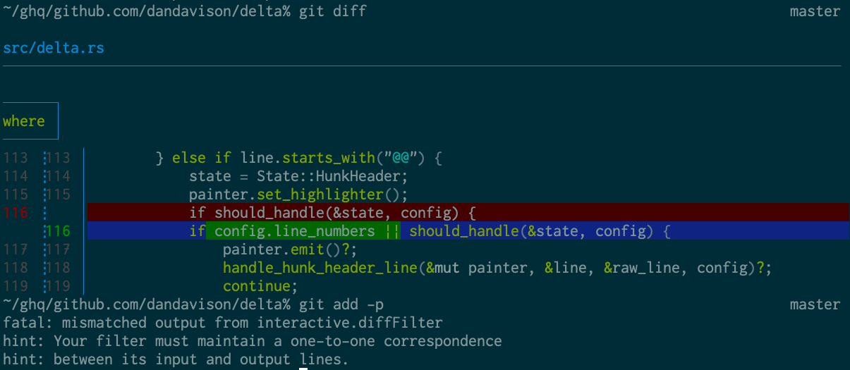 🐛 Mismatch in line numbers between git diff and git add -p · Issue #258 · dandavison/delta · GitHub