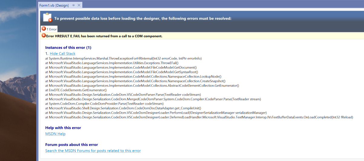 Error opening form designer of deleted and re-created form in VS 2019 Preview 2.1 · Issue #33080 ...