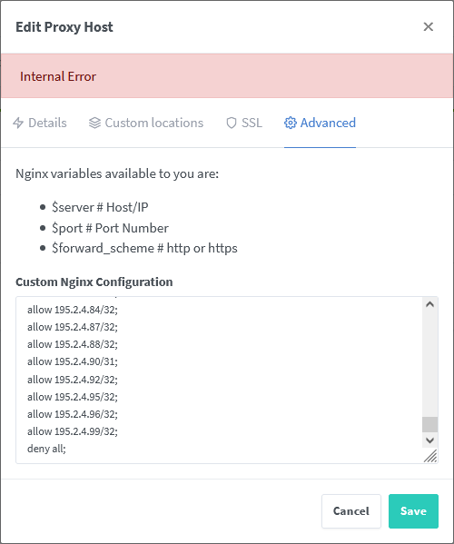 Internal error if to many text is added to advanced / custom nginx ...