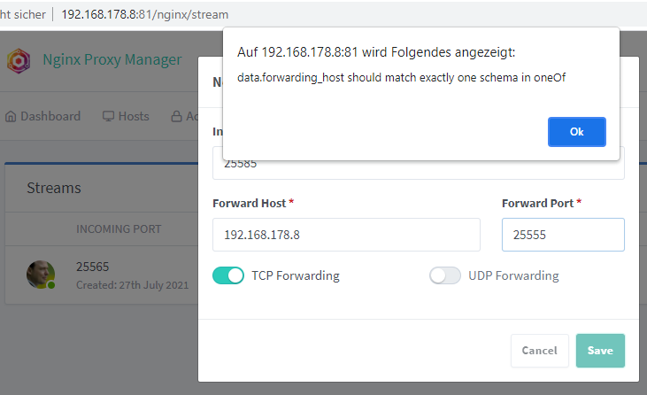 Adding/Editing stream host causes: data.forwarding_host should match exactly one schema in oneOf ...