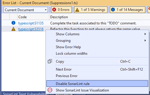 Binding Disable Sonarlint Rule Context Menu Should Be Disabled For Jsts In Connected Mode