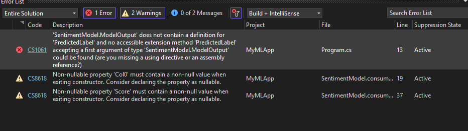 Error in Running ML.NET Model(https://dotnet.microsoft.com/en-us/learn/ml-dotnet/get-started ...