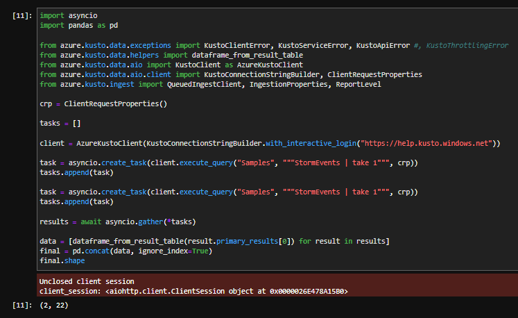 Unclosed Client Session · Issue 390 · Azure Azure Kusto Python · Github