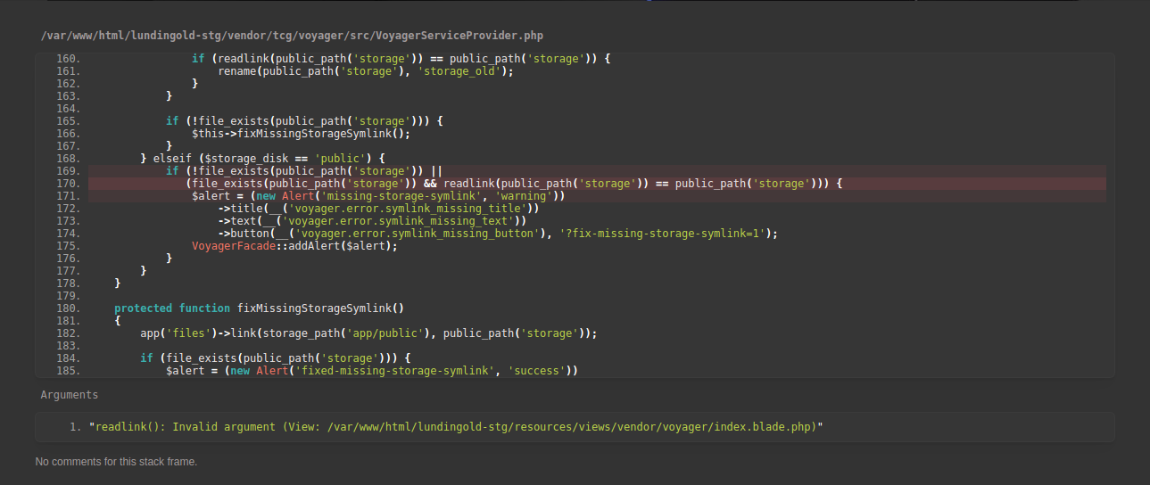 (1/1) ErrorException readlink(): Invalid argument · Issue #2842 · thedevdojo/voyager · GitHub