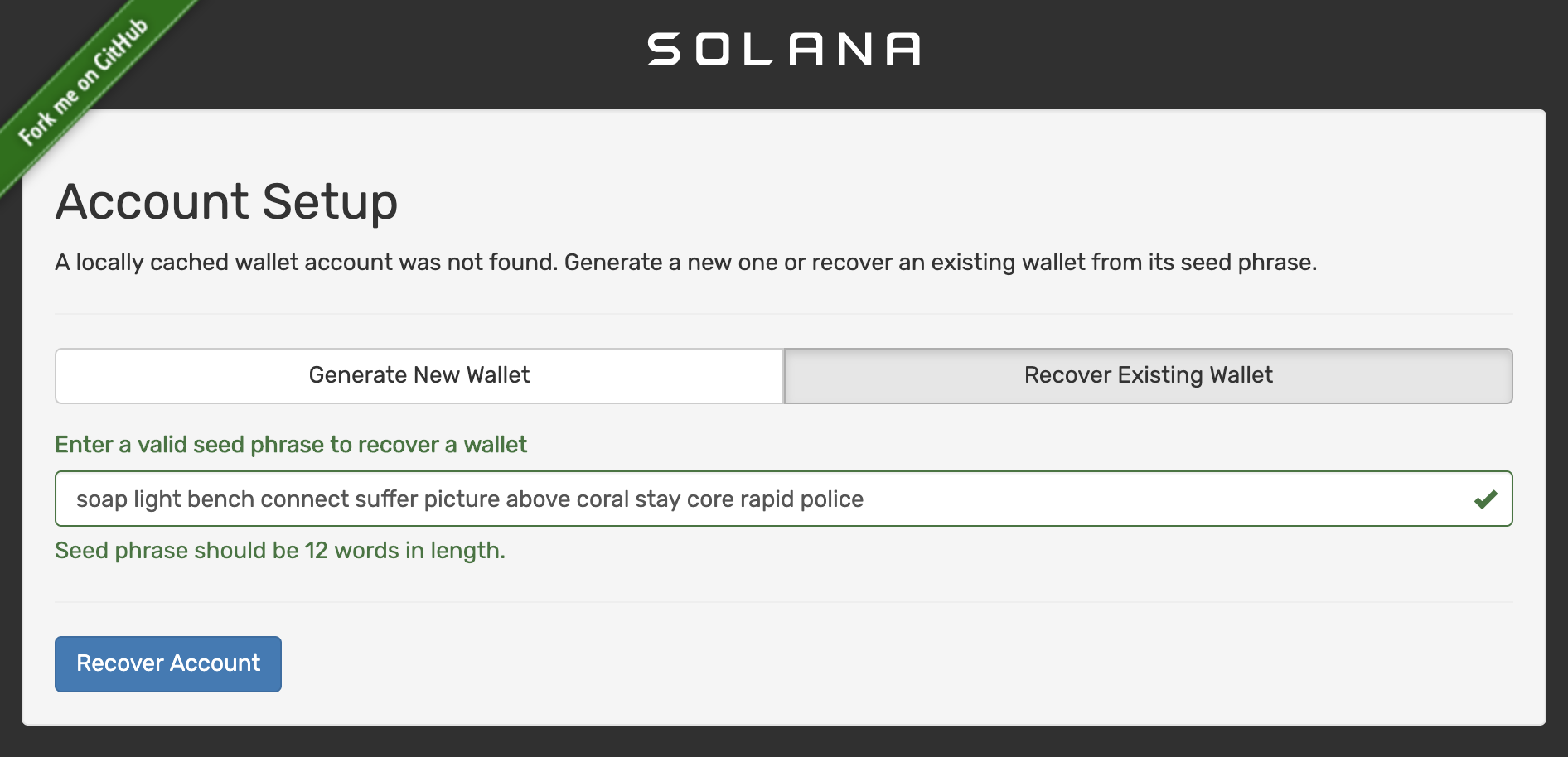 Use mnemonic seed phrase to generate and recover wallets by jstarry · Pull Request #236 · solana ...