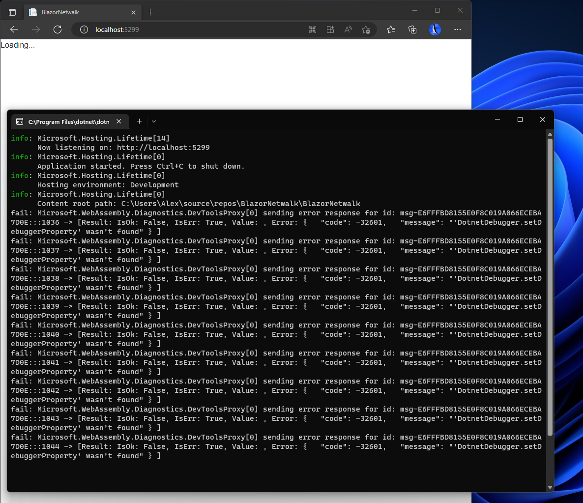 Blazor (fail: Microsoft.WebAssembly.Diagnostics.DevToolsProxy[0] sending error response for id ...