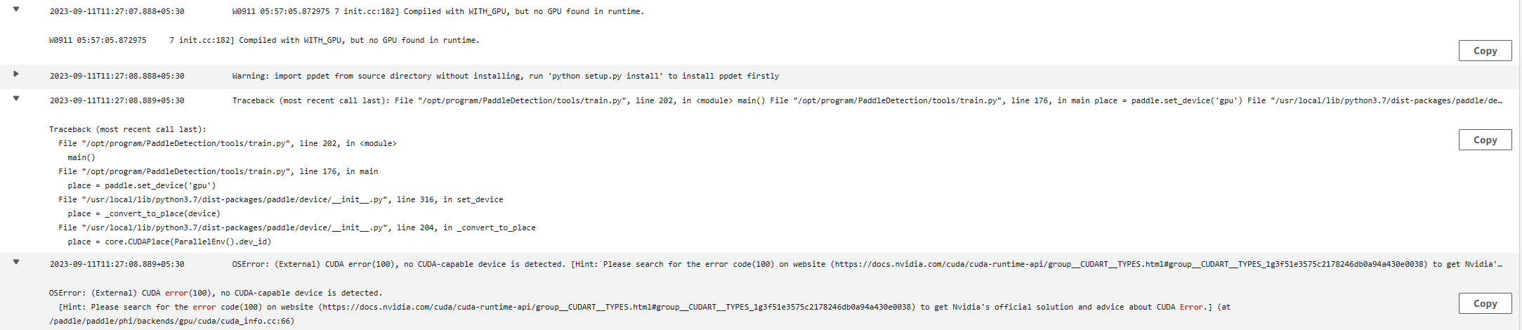 Compiled with WITH_GPU, but no GPU found in runtime · Issue #8617 · PaddlePaddle/PaddleDetection ...