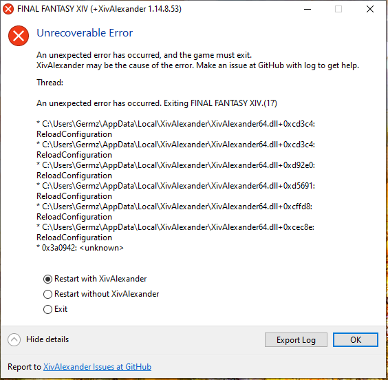 Anyone know what this error means and how to fix it? · Issue #460 · Soreepeong/XivAlexander · GitHub