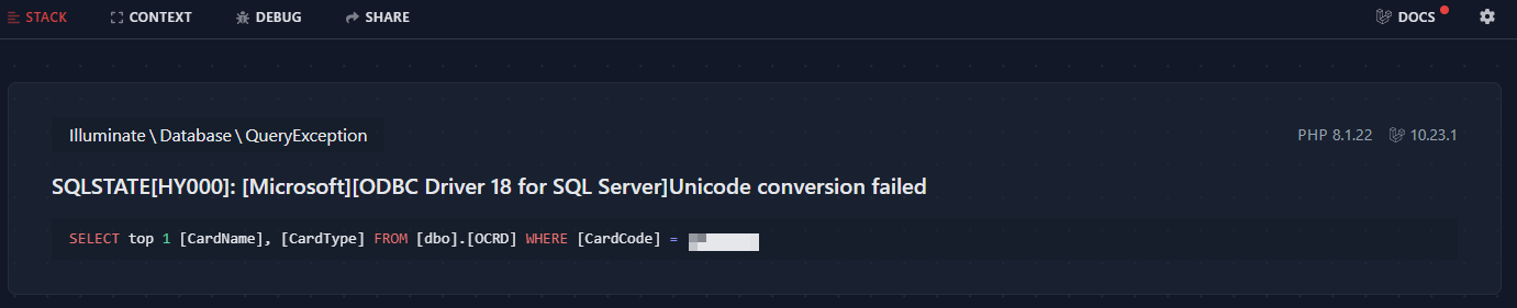 SQLSTATE[HY000]: [Microsoft][ODBC Driver 18 for SQL Server]Unicode conversion failed · Issue ...