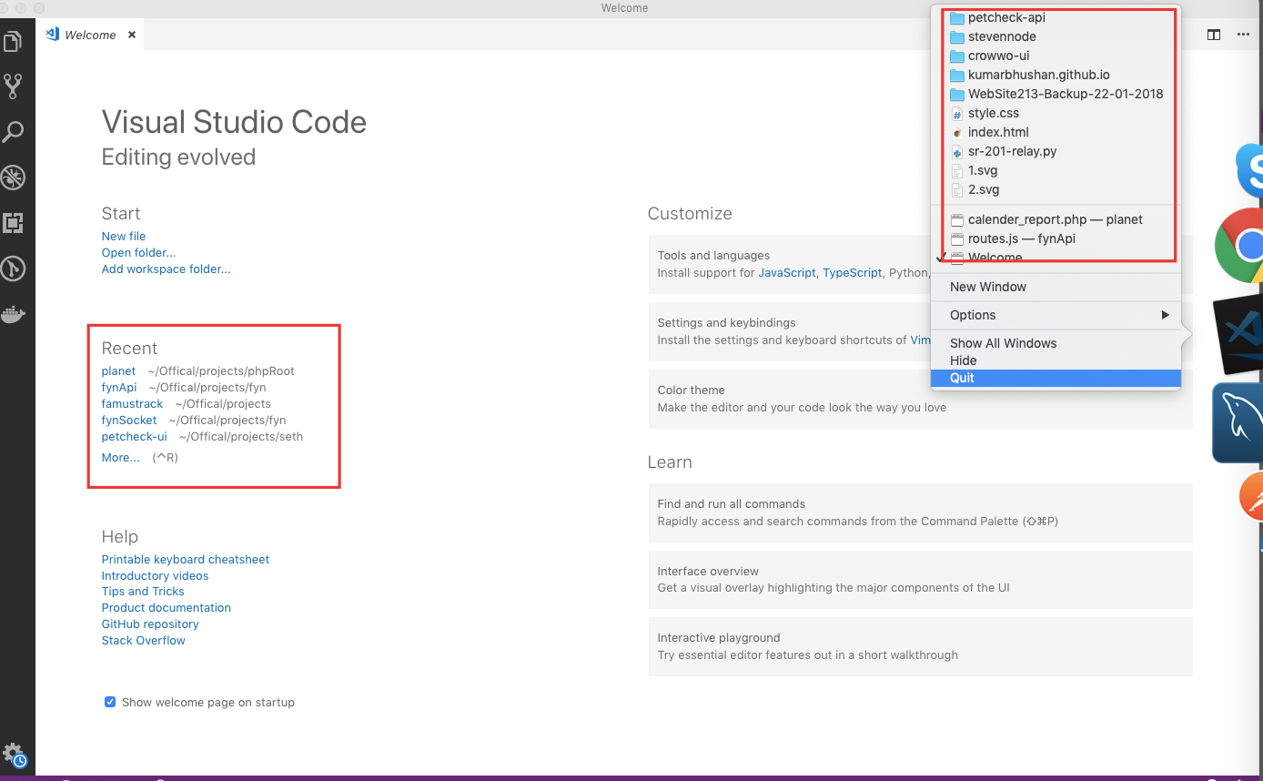 Right-click context menu from icon in macOS dock shows different ...