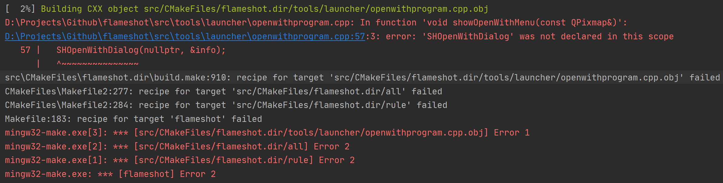 Could not find SHOpenWithDialog under Windows 10 using mingw64(TGM-GCC ...