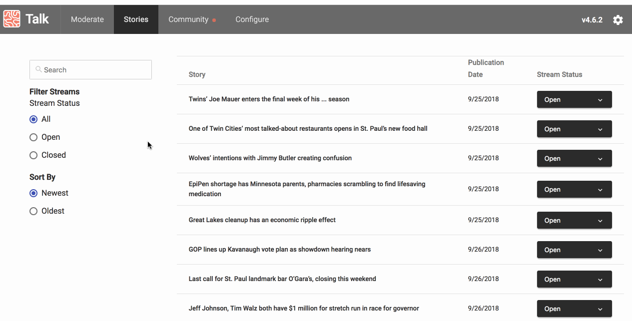 Changing Stream Status in Admin > Stories should update the UI live so it's not confusing to the ...
