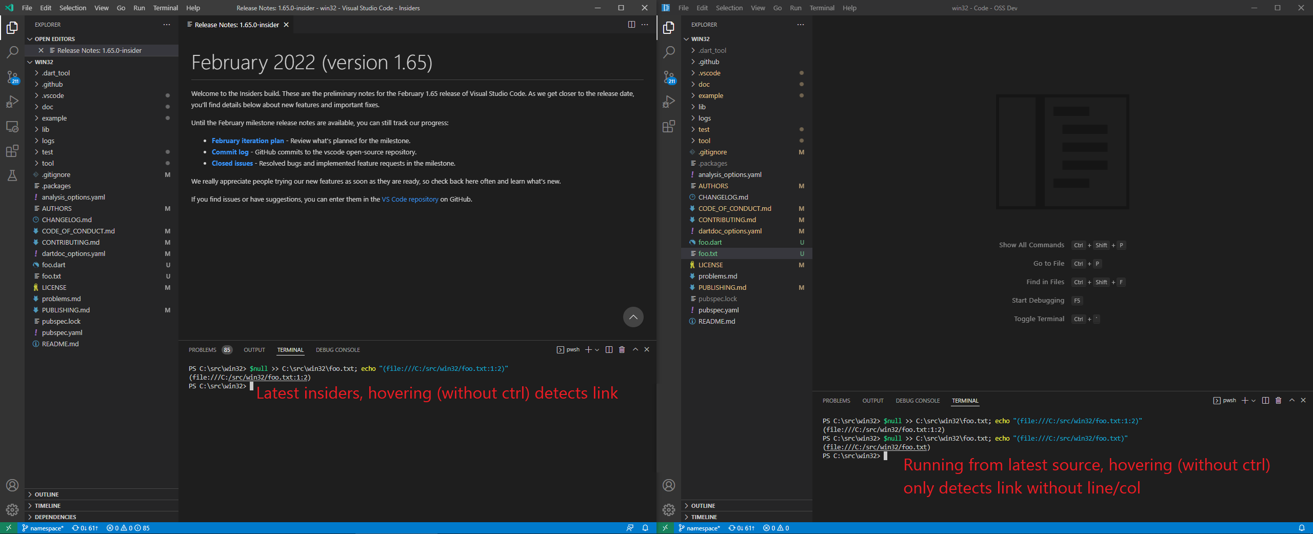 Link terminal detection behaves differently running from source from ...