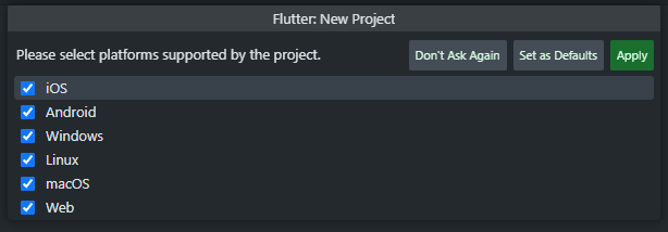 Ask which platforms to create the project for when running `Flutter ...