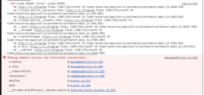 When a debug adapter crashes, the exception text is not propagated to the console · Issue #41190 ...