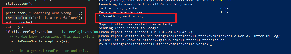 Dart Code doesn't surface errors that come back from `flutter run` (eg. gradle/android licence ...