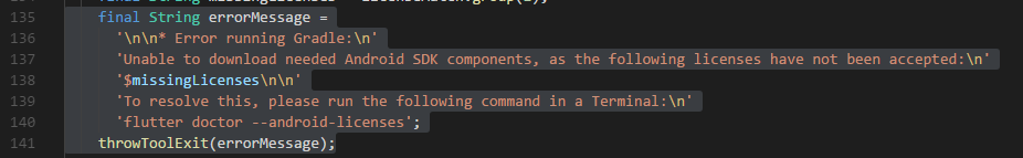 Dart Code doesn't surface errors that come back from `flutter run` (eg. gradle/android licence ...
