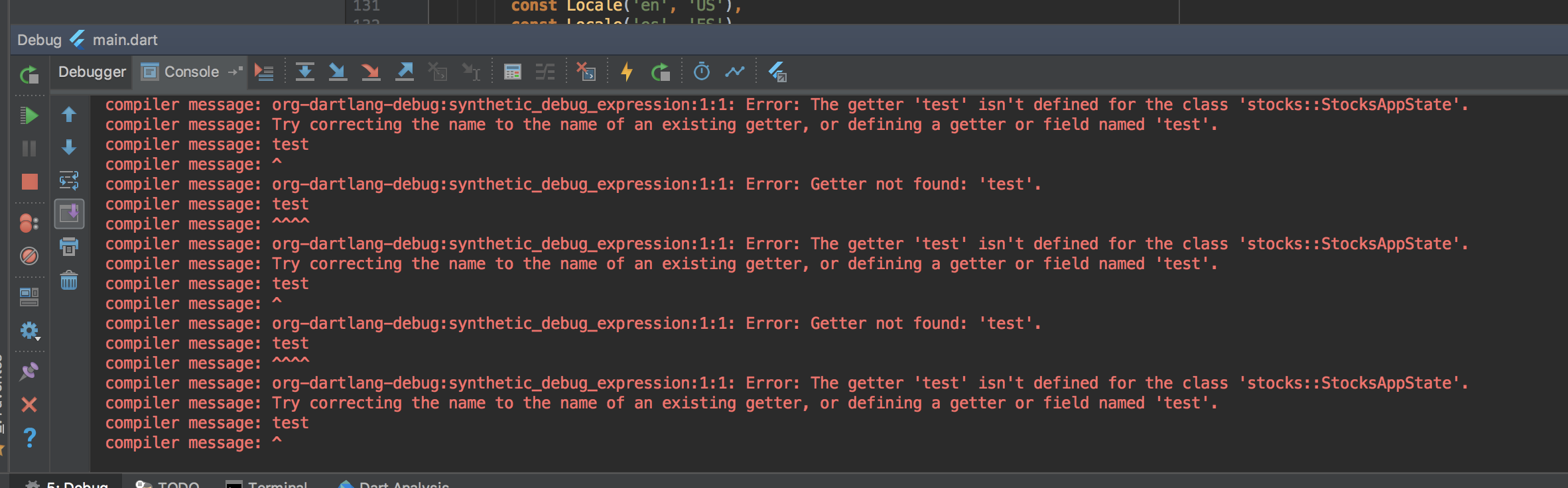 Failed evaluation expressions are written to stderr of `flutter run ...