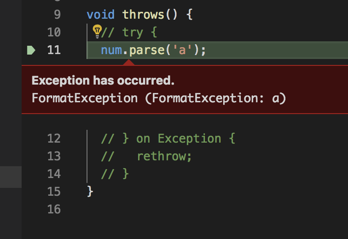 Debugging Not Pausing When Rethrowing · Issue 1597 · Dart Codedart
