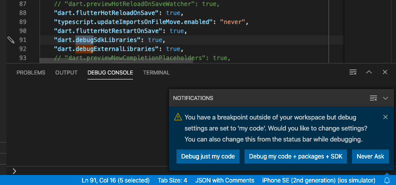 You Have A Breakpoint Outside Warning Appears When Debug Settings