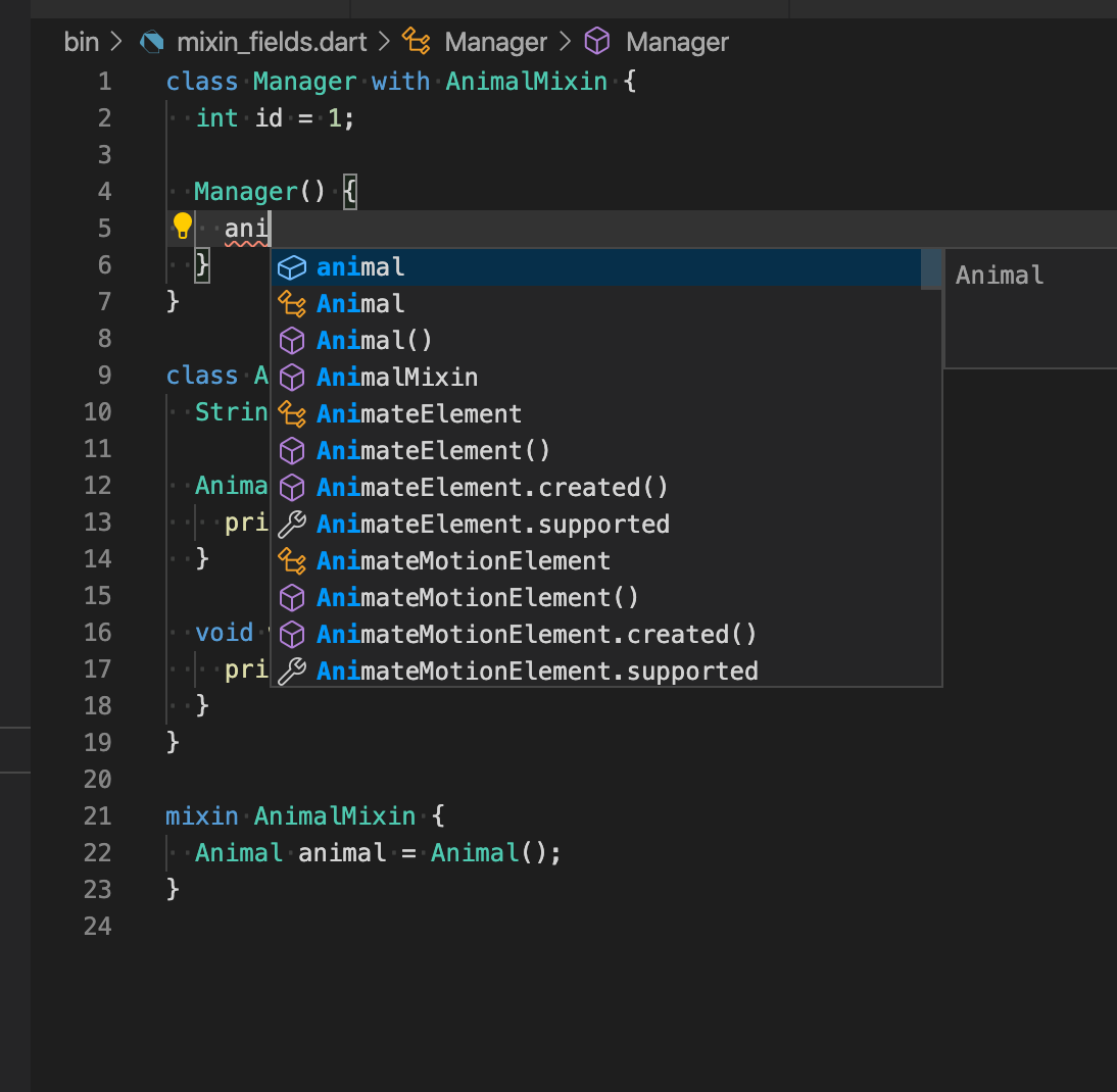 Variables in mixin do not appear in Intellisense window · Issue #2656 · Dart-Code/Dart-Code · GitHub