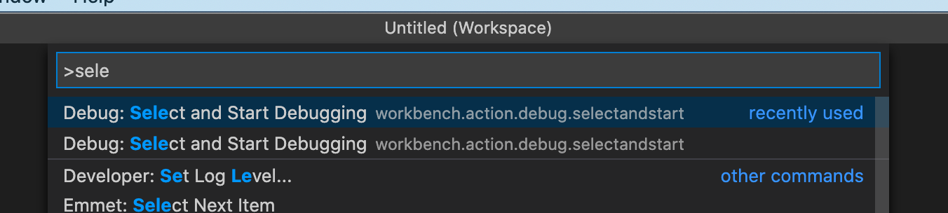 [insiders] "Select and start" debugging command appears twice and with strange description text ...