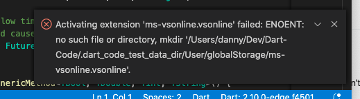 "Activating extension 'ms-vsonline.vsonline' failed" when running ...