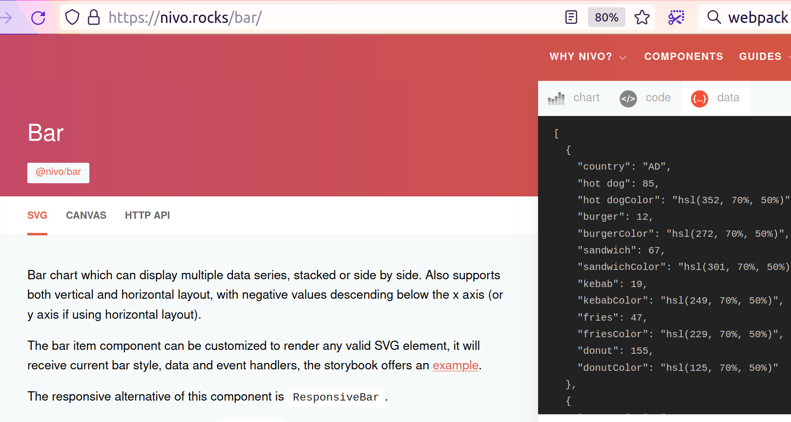 https://nivo.rocks/bar/ `data` includes ineffectual color values · Issue #2285 · plouc/nivo · GitHub