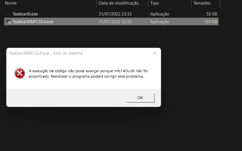"TaskbarXIMFCGUI.exe" does not Run · Issue #121 · ChrisAnd1998/TaskbarXI · GitHub