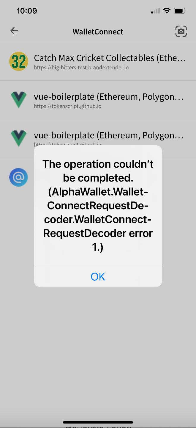 iOS - Error showed on Alpha Wallet after connecting to Bogota Passive ...