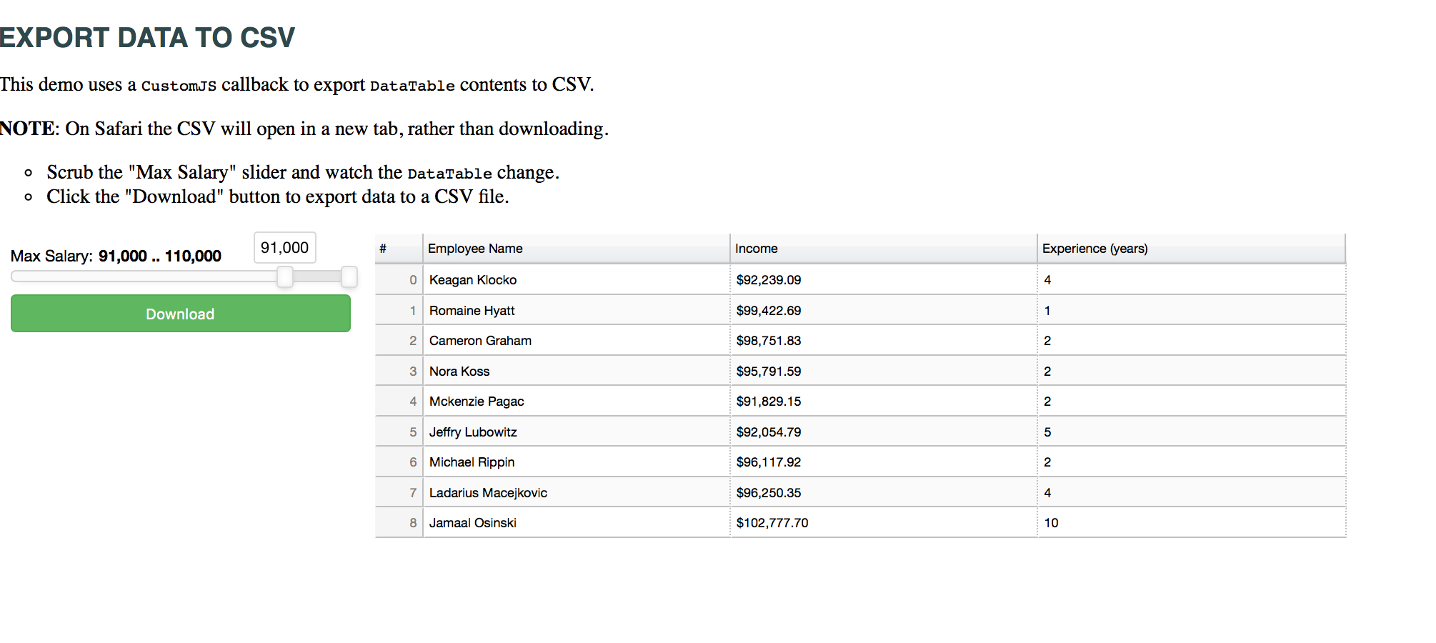 Potential DataTable Bug Causes Gallery Example export csv Not Working 