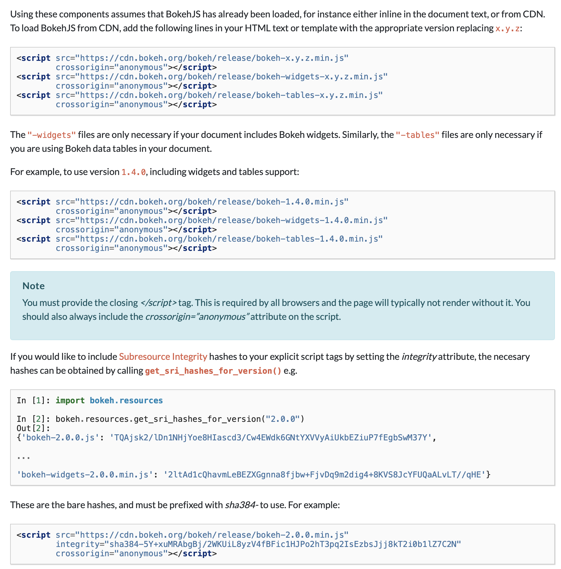 Example script tags in docs should be version-correct with SRI hashes ...